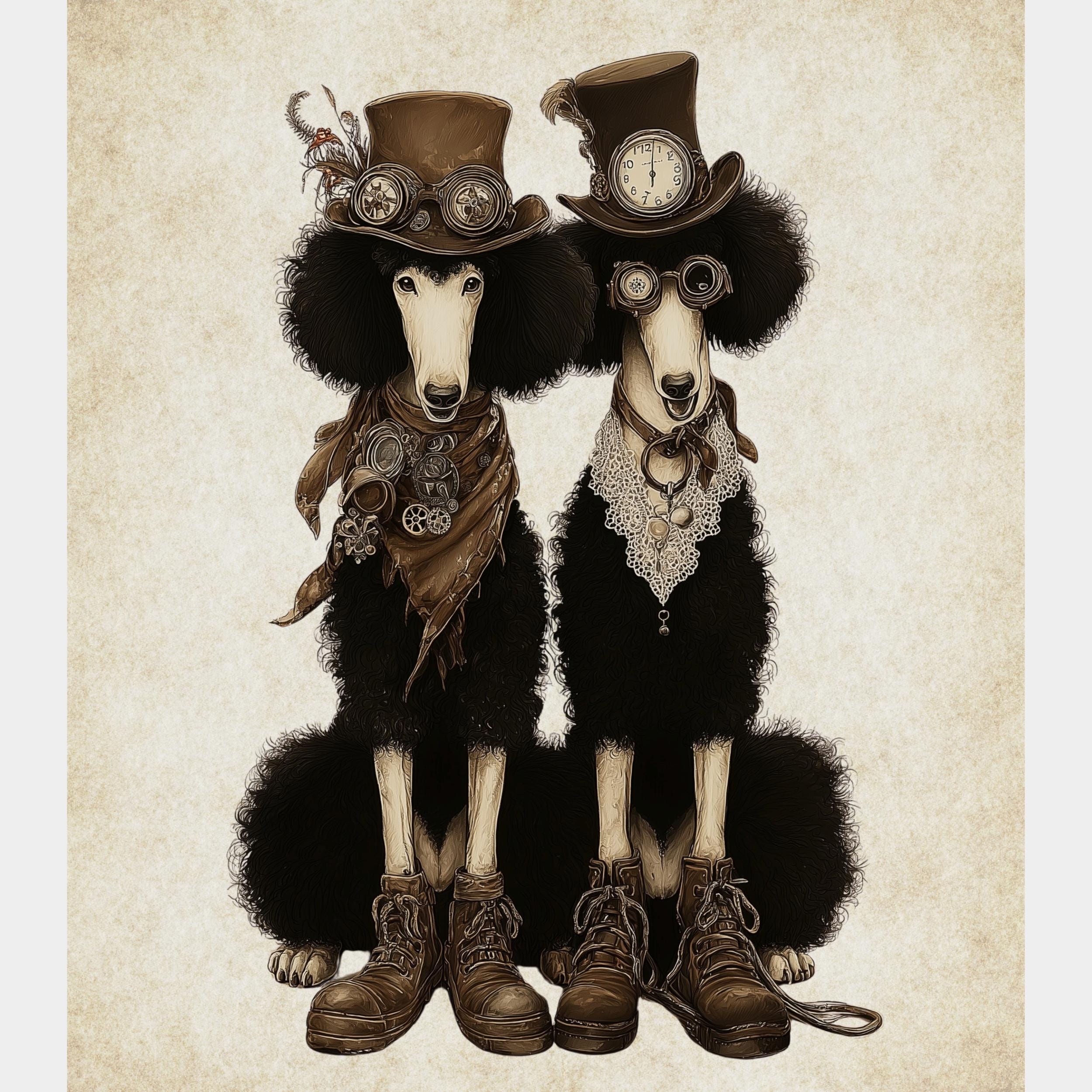Steampunk Poodle Print Set of 2, Quirky Dog Wall Art, Victorian Style ...