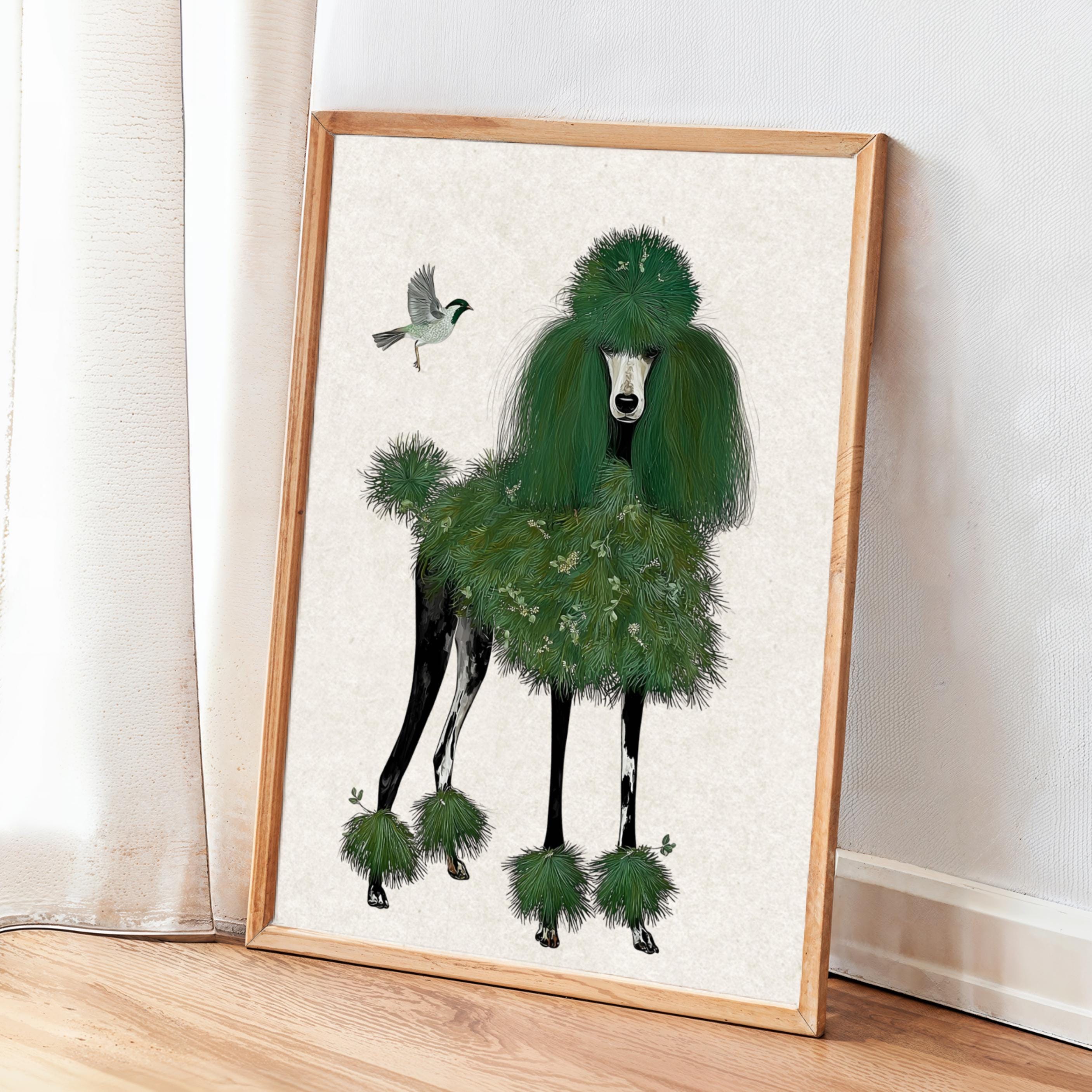 Green Botanical Poodle Wall Art | Calm Nature-inspired Dog Illustration ...