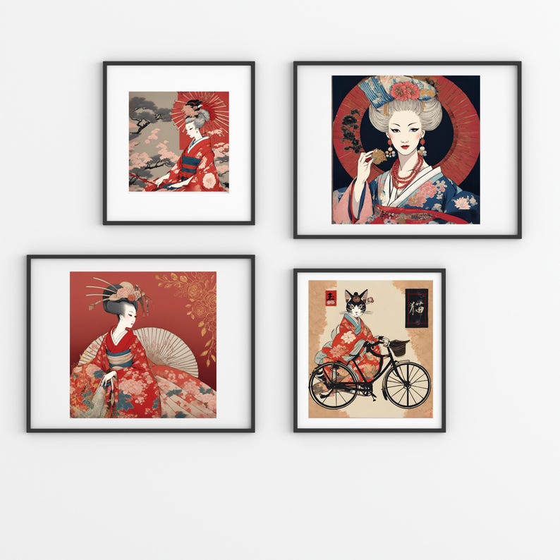 Geisha Wall Art Set – Japanese Art Prints, Red Kimono Decor, Modern ...