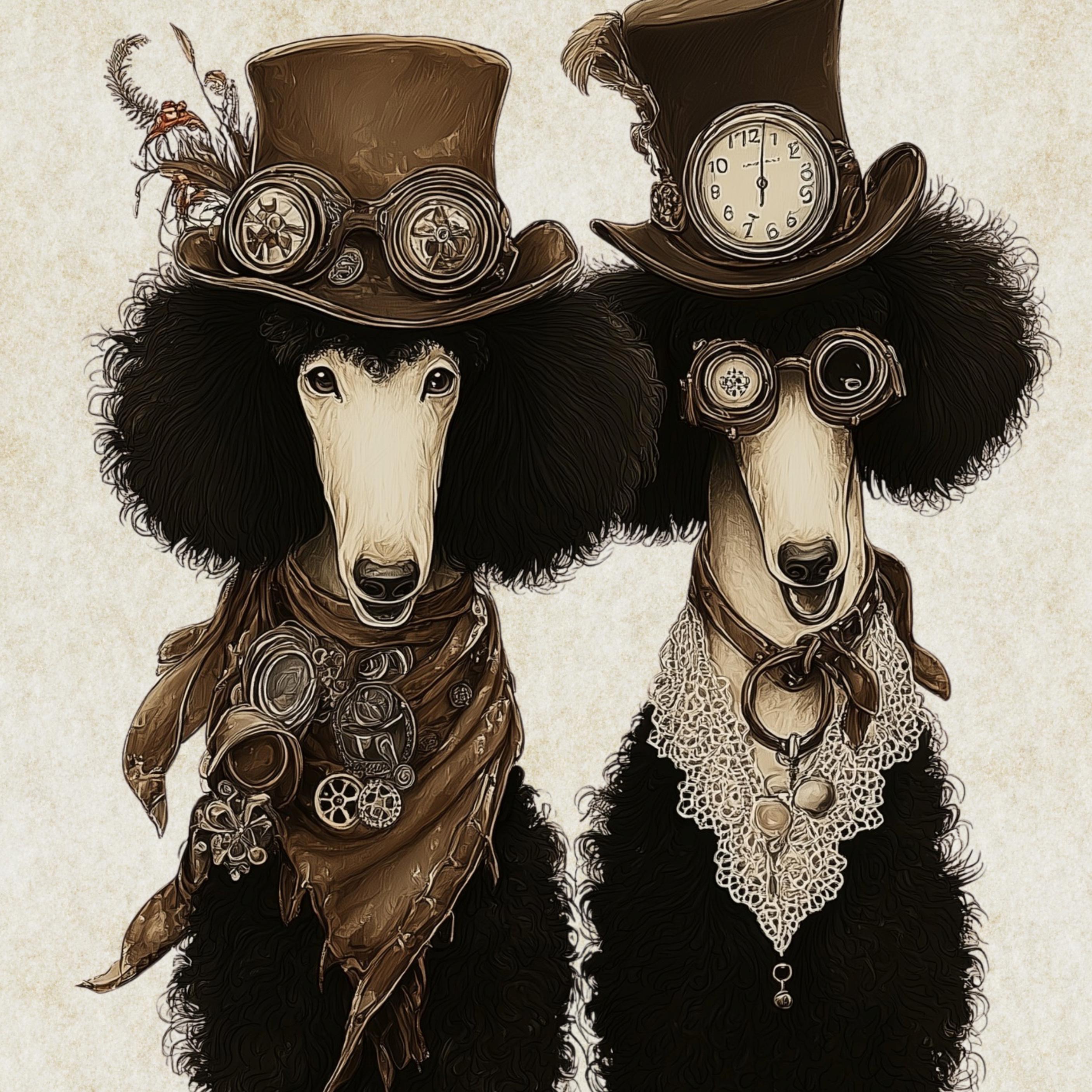 Steampunk Poodle Print Set of 2, Quirky Dog Wall Art, Victorian Style ...