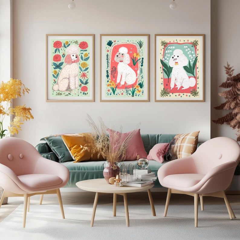 Floral Poodle Wall Art Set of 12 | Vintage Style Dog Illustration ...