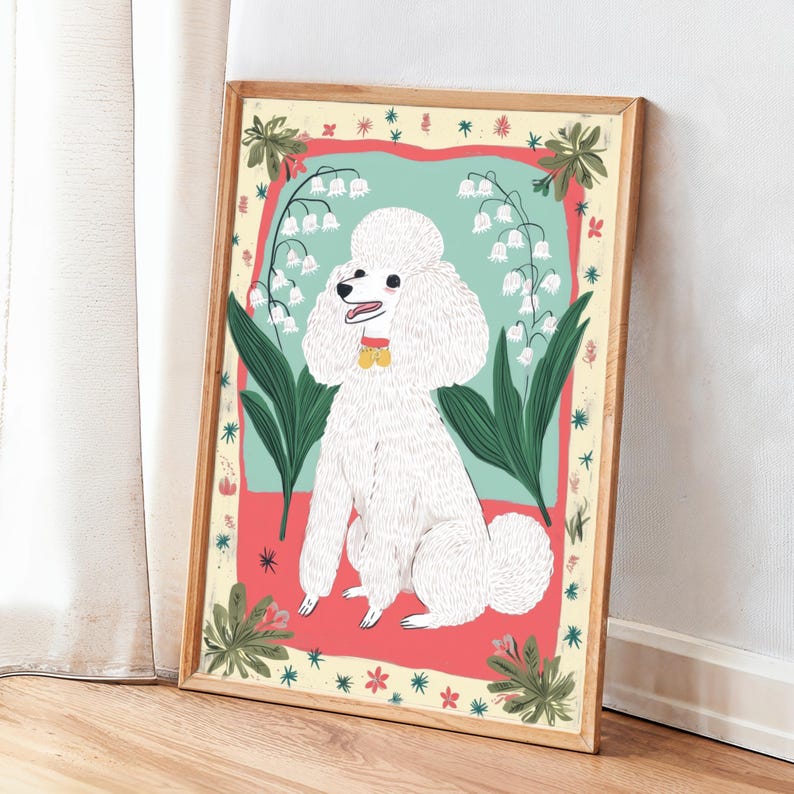 Floral Poodle Wall Art Set of 12 | Vintage Style Dog Illustration ...