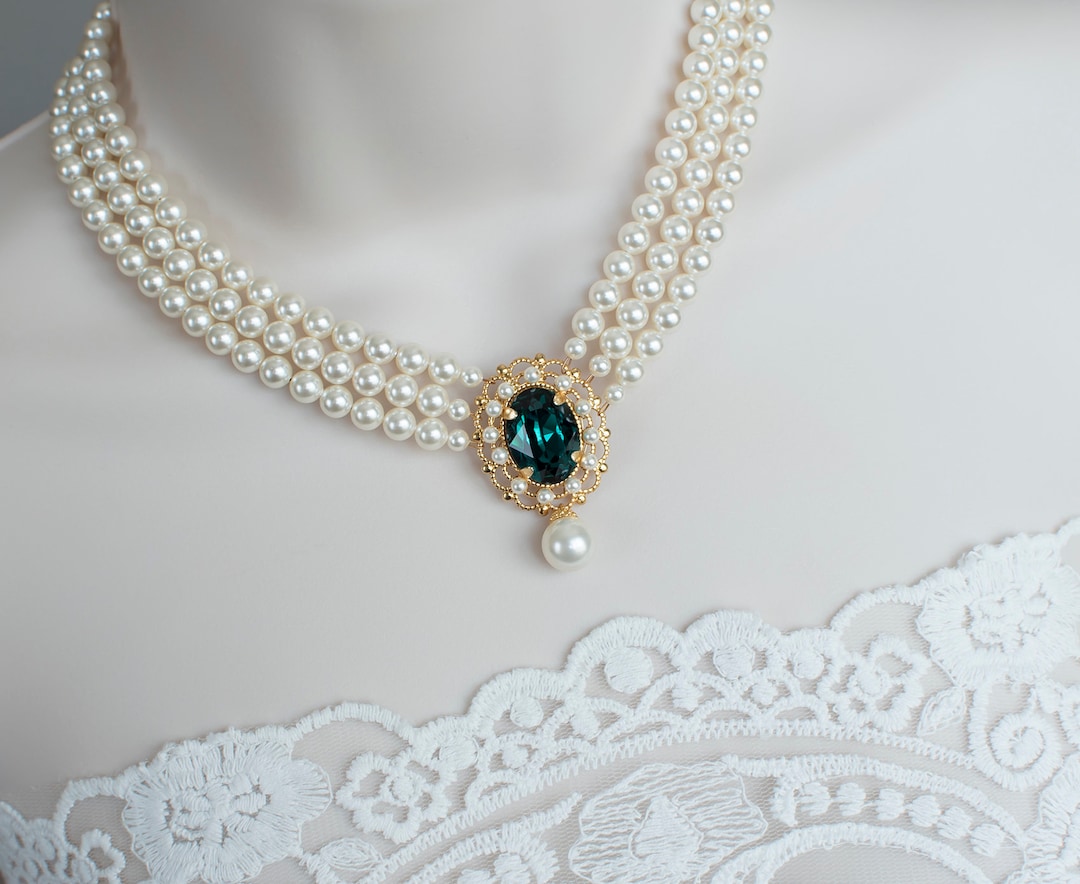 Green Emerald Pearl Necklace, Multi Strand Vintage Style Emerald ...