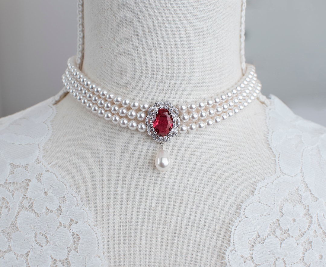 Ruby CZ Bridal Choker, Vintage Style Ruby Necklace, Wedding Pearl and Ruby CZ Bridal Choker ...