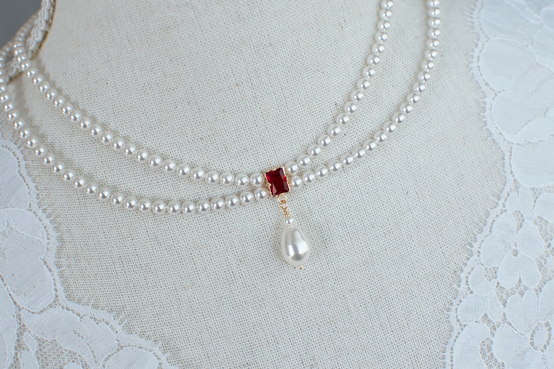 Vintage, Romantic Style Deep Red Cubic Zirconia Necklace,wedding Pearl ...