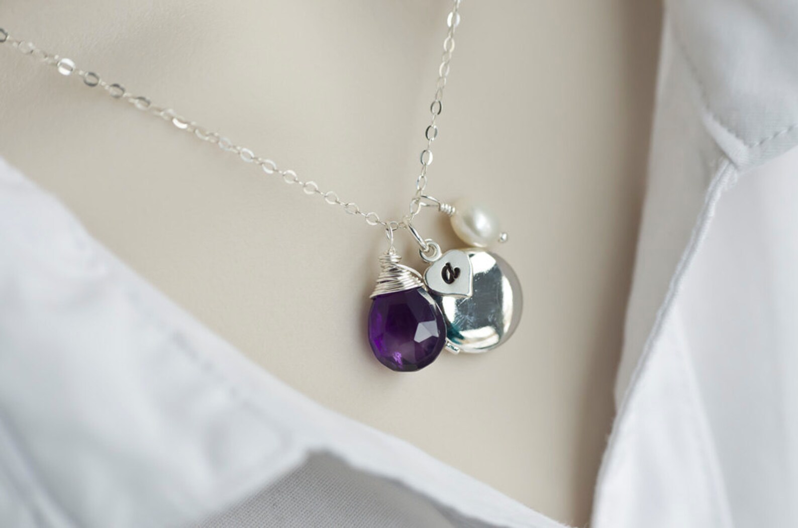 Initial Locket Necklace, Amethyst and Silver Locket Necklace, Custom ...