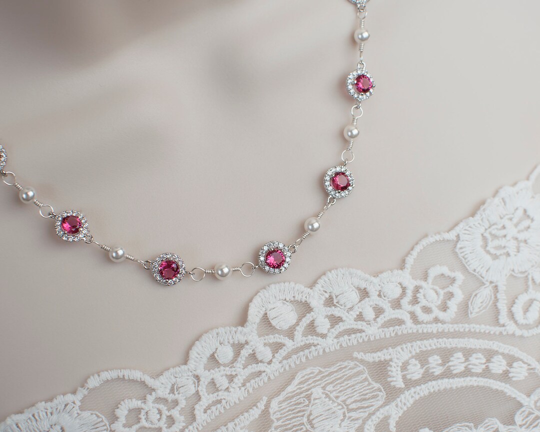 Ruby Bridal Necklace, Bridal Pearl Necklace, Bridal Pearl and Cubic ...