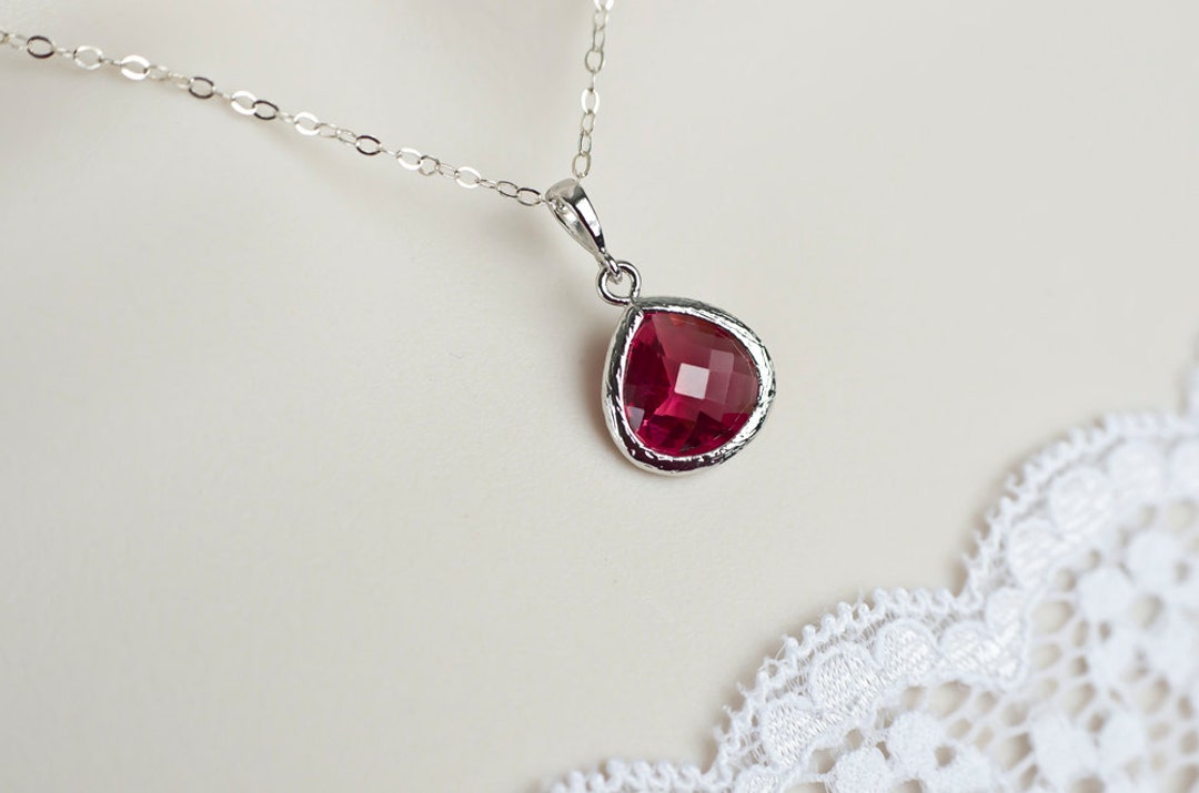 Ruby Necklace, Bridesmaids Necklace, Ruby Glass Necklace, Sterling ...
