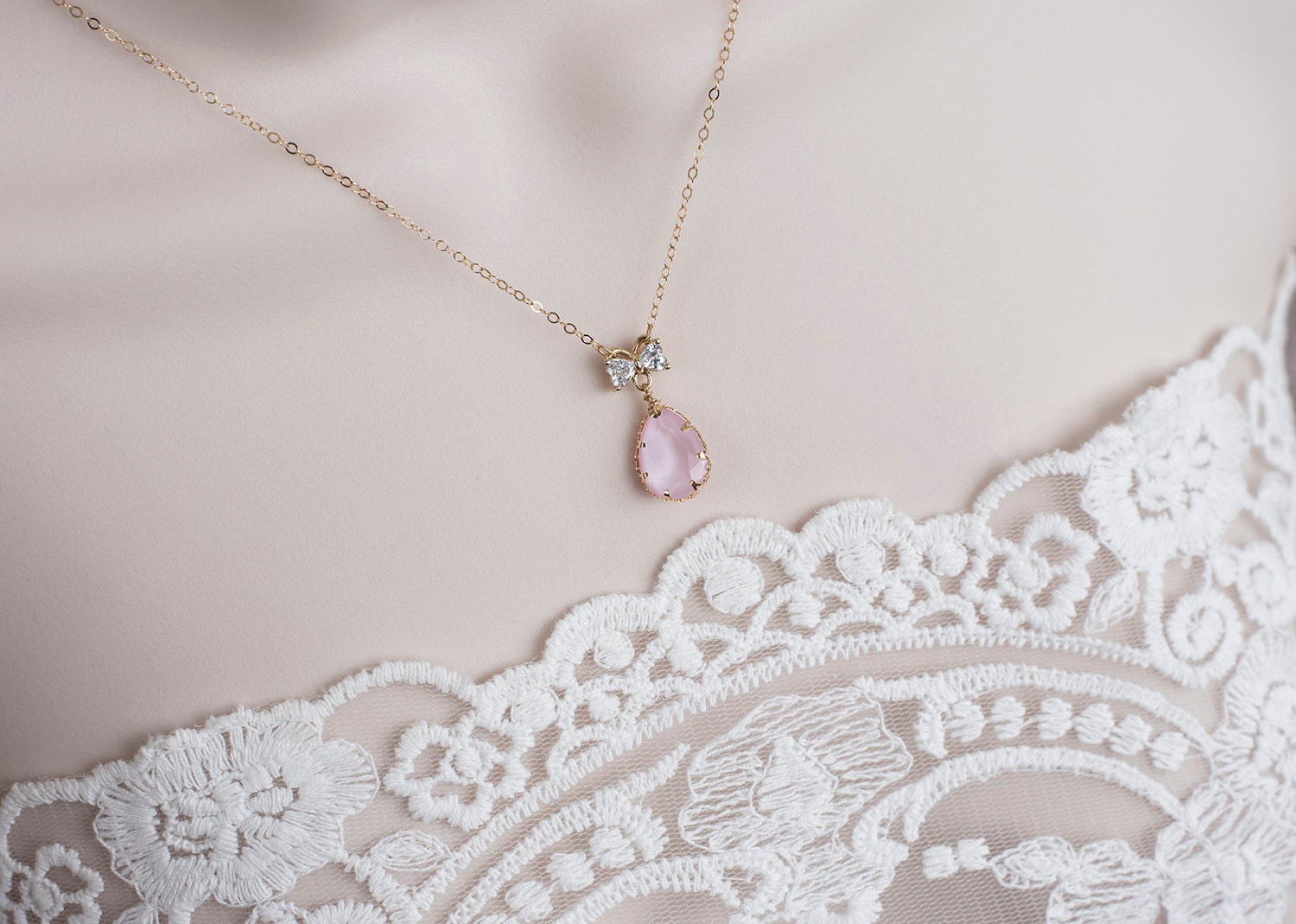 Pastel Rose Swarovski Crystal Necklace, Delicate Gold Necklace ...