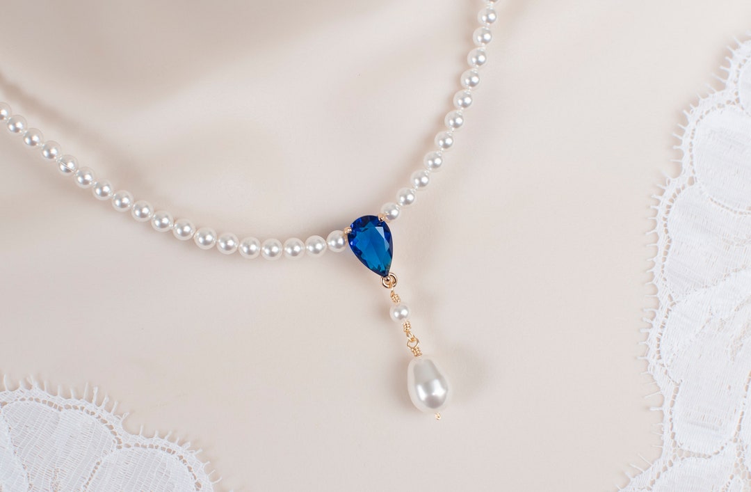 Blue Sapphire Gold Necklace, Pearl/sapphire CZ Necklace, Something Blue ...
