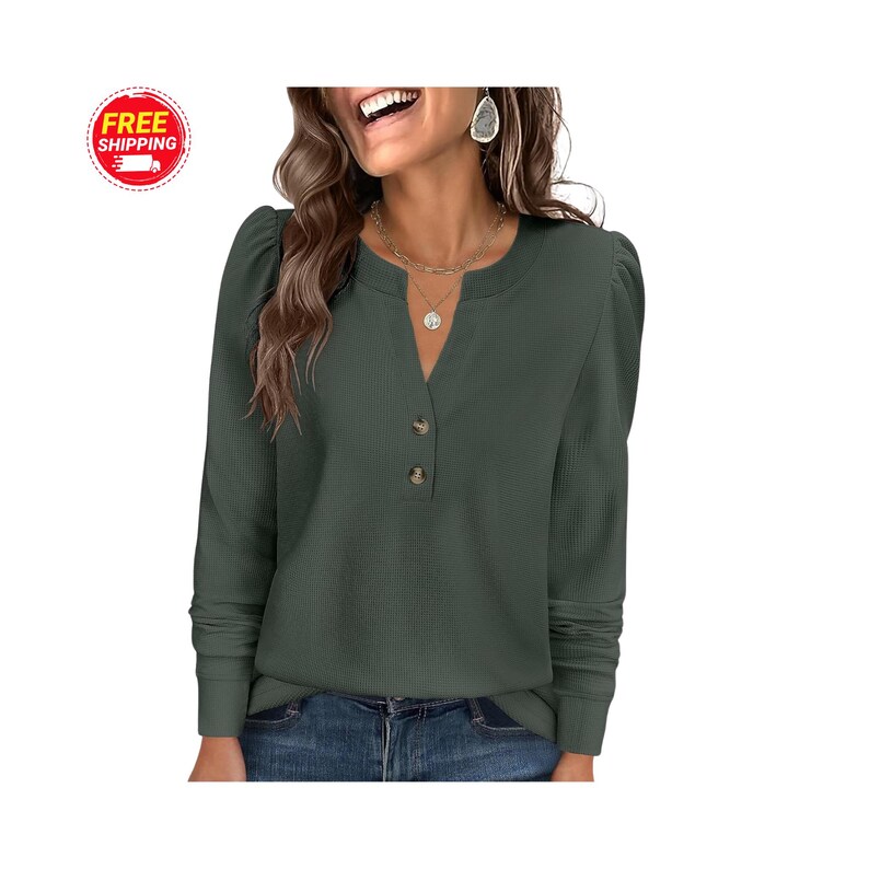 Women’s Waffle Knit Henley Top Long Sleeve Tunic Dressy Casual Fall ...