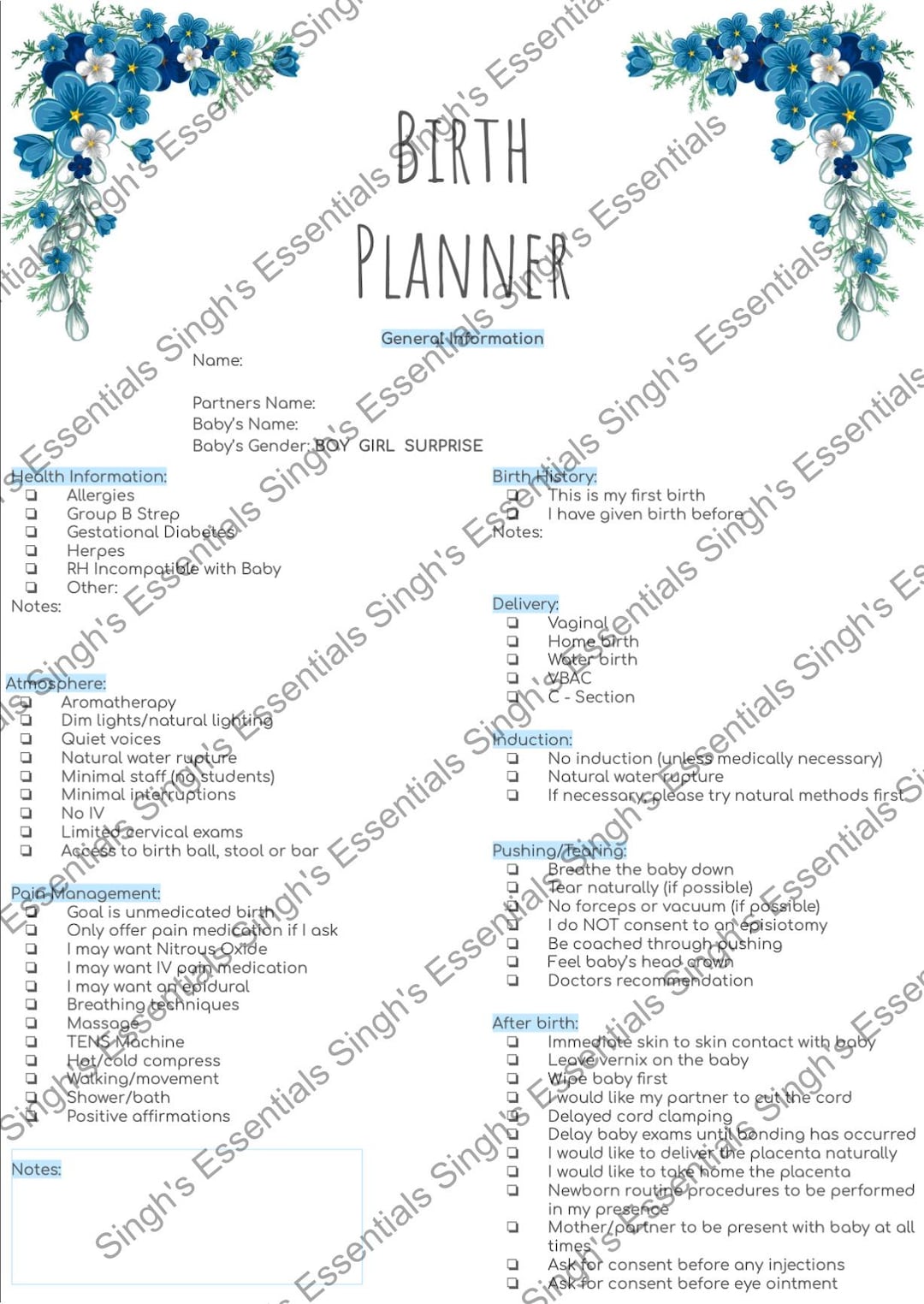 Blue Birth Plan Template | Editable Birth Planner | Printable Birth ...