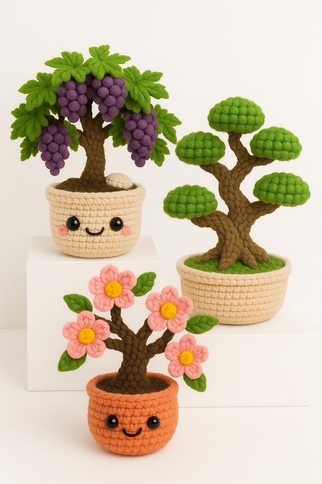 Crochet Tree Trio PDF Pattern | Amigurumi Bonsai, Grapes & Flowers ...