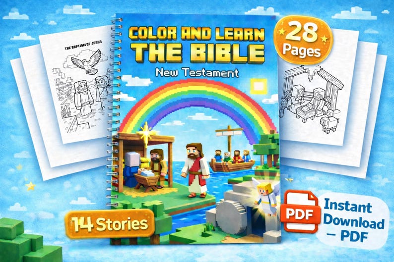 Pixel Art Bible Coloring Book Printable, New Testament Kids Activity ...