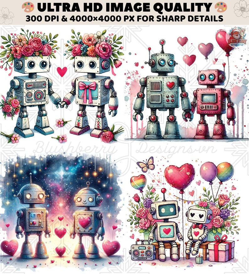 20+ Watercolor Robot Couple Clipart Bundle, Couple Valentines Png ...