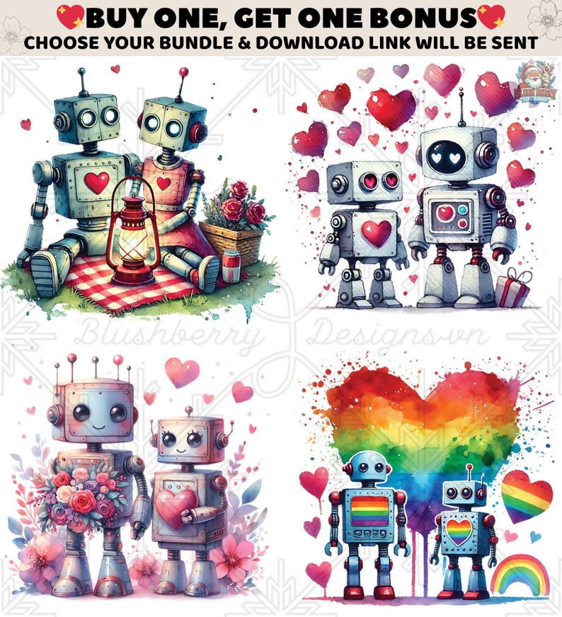 20+ Watercolor Robot Couple Clipart Bundle, Couple Valentines Png ...