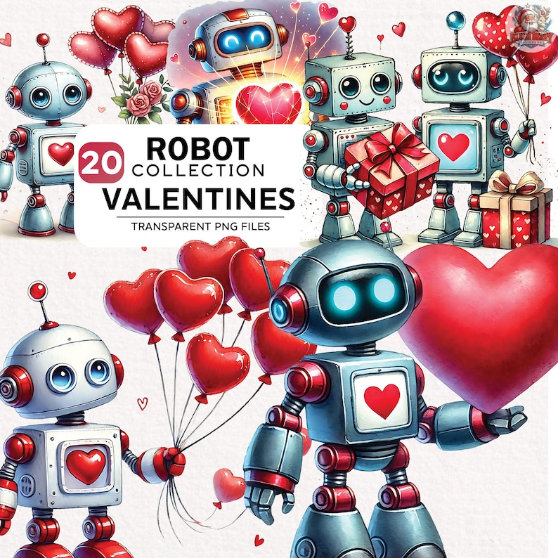20+ Watercolor Valentines Robot Clipart Bundle, Sweet Heart Png, Cute ...