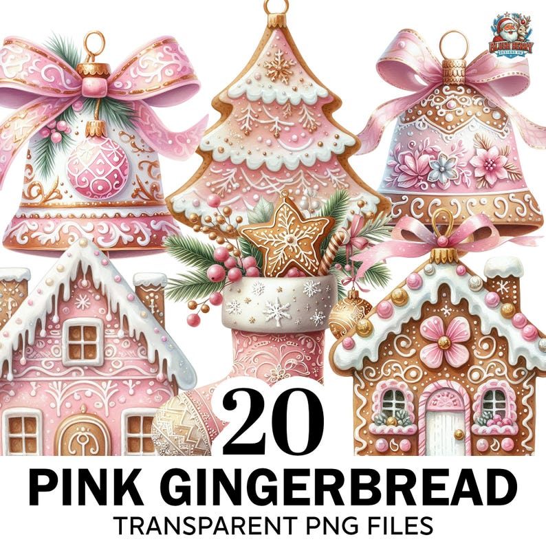 20+ Watercolor Pink Gingerbread Clipart, Pink Christmas Png Bundle ...