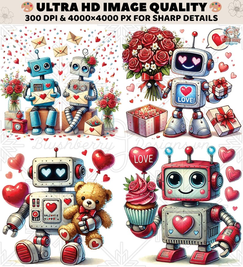 20+ Watercolor Valentines Robot Clipart Bundle, Sweet Heart Png, Cute ...