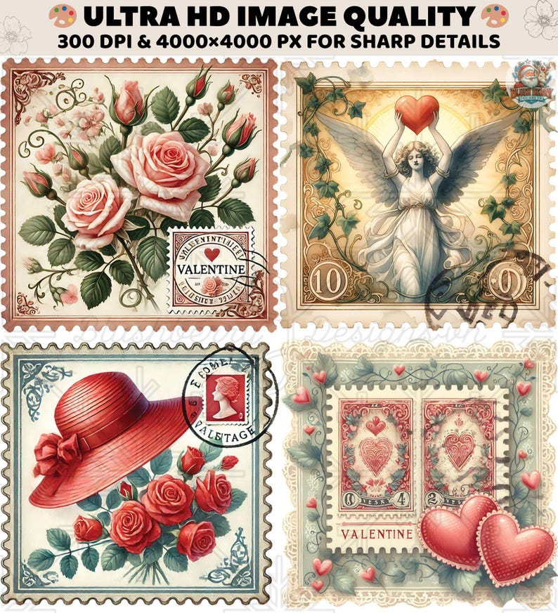 20+ Watercolor Romantic Stamp Clipart Bundle, Romantic Roses Png ...