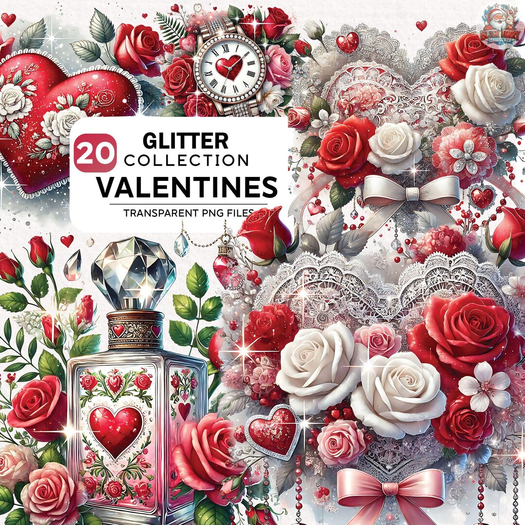 20+ Watercolor Valentines Glitter Clipart Bundle, Red Roses Png, Heart ...