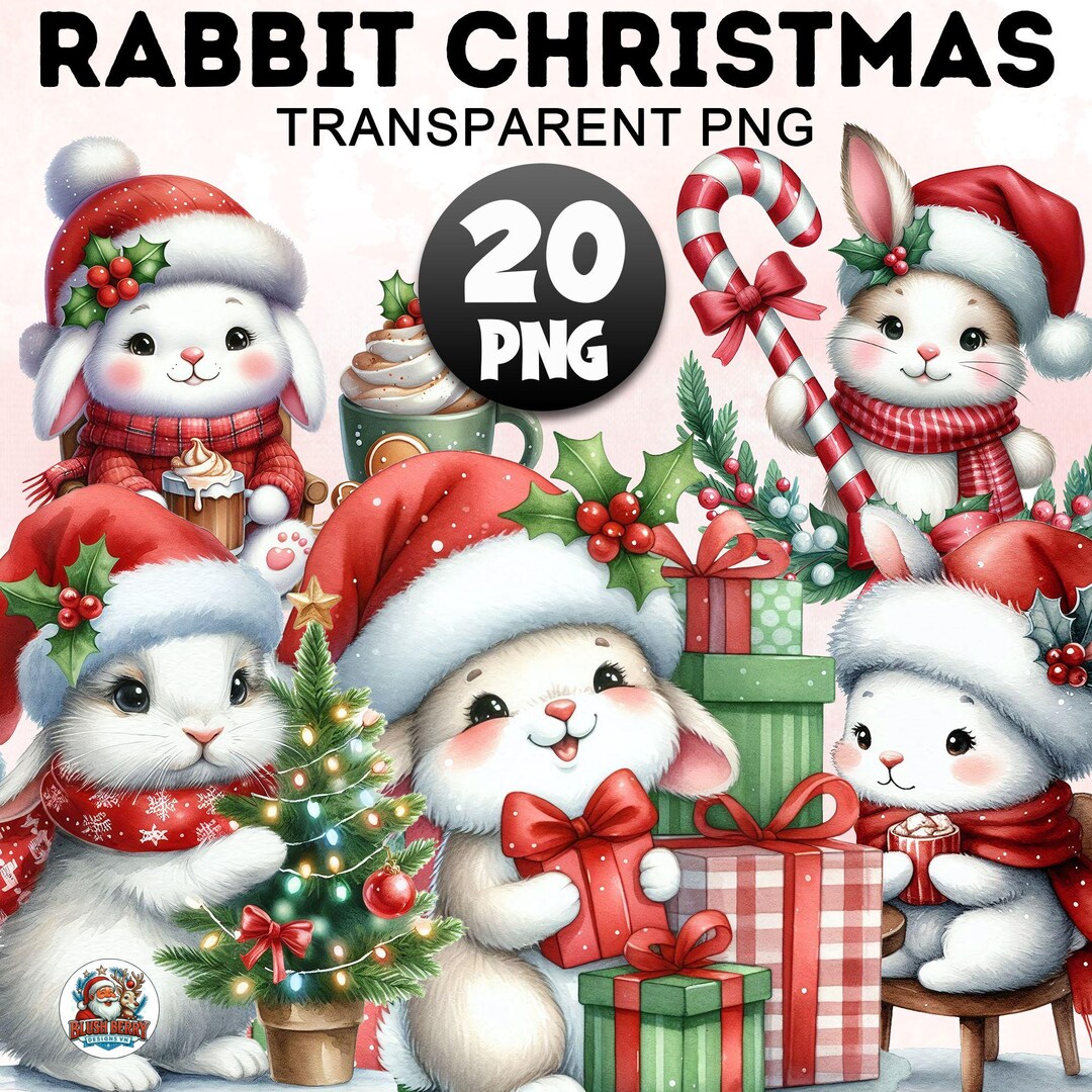 20+ Watercolor Christmas Rabbit Clipart Bundle , Festive Bunny Png ...