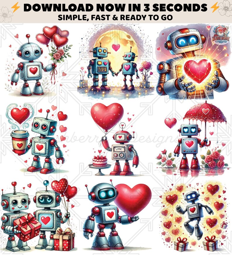 20+ Watercolor Valentines Robot Clipart Bundle, Sweet Heart Png, Cute ...