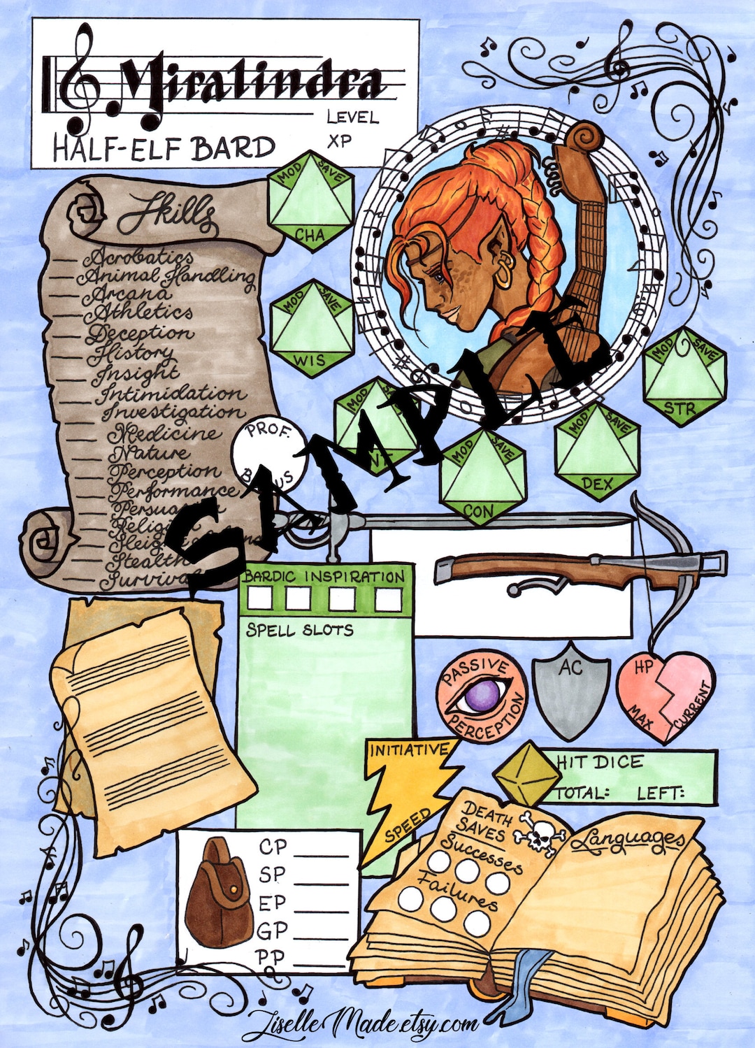 Printable Dungeons & Dragons Character Sheet PDF Half Elf Bard - Etsy