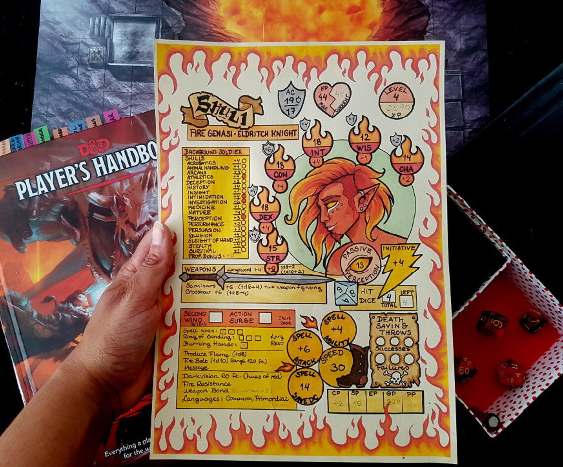 Printable Dungeons & Dragons Character Sheet PDF Fire Genasi Eldritch ...