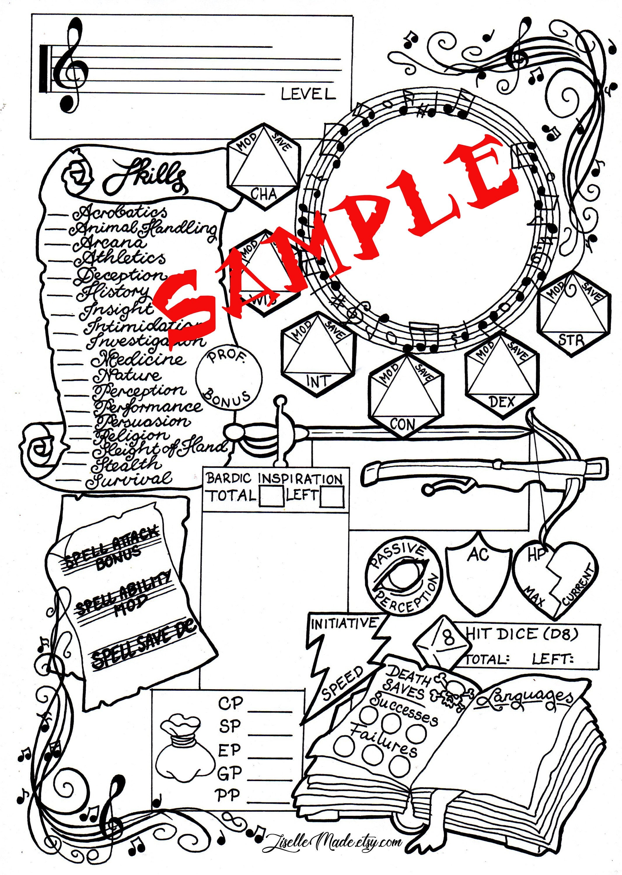 Coloring Book Character Sheet Bard D&D 5E Printable - Etsy