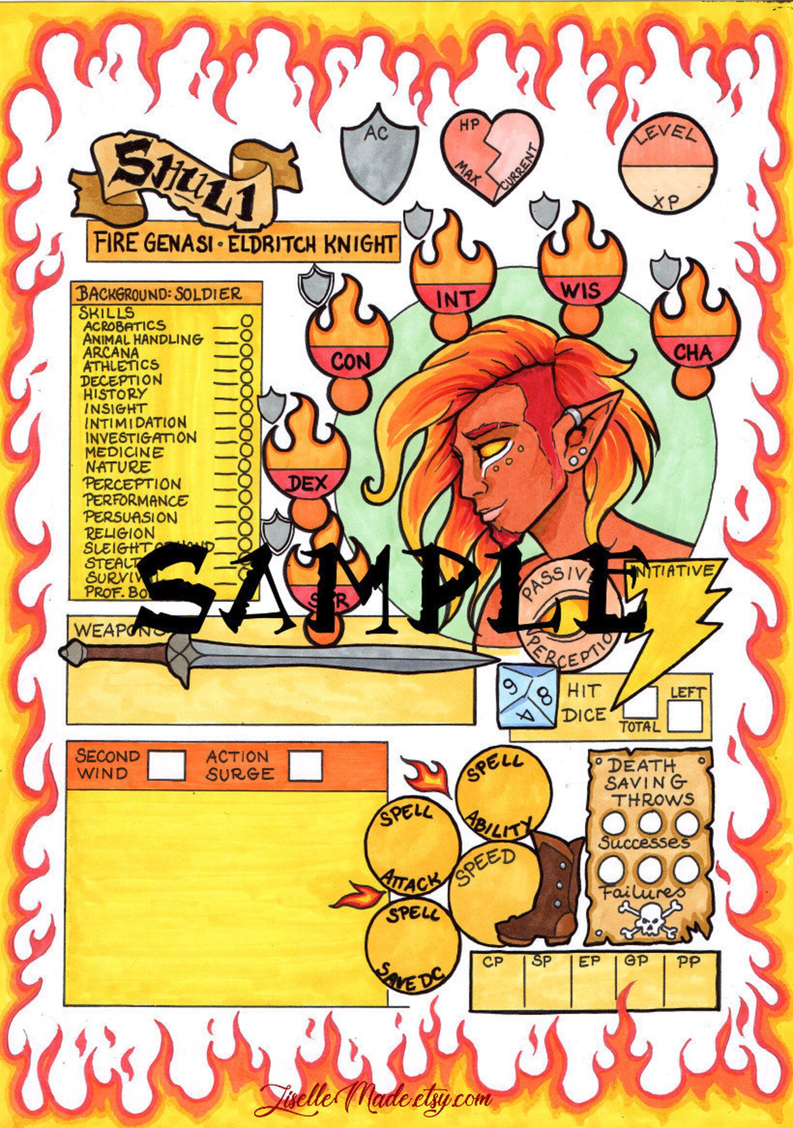 Printable Dungeons & Dragons Character Sheet PDF Fire Genasi Eldritch ...