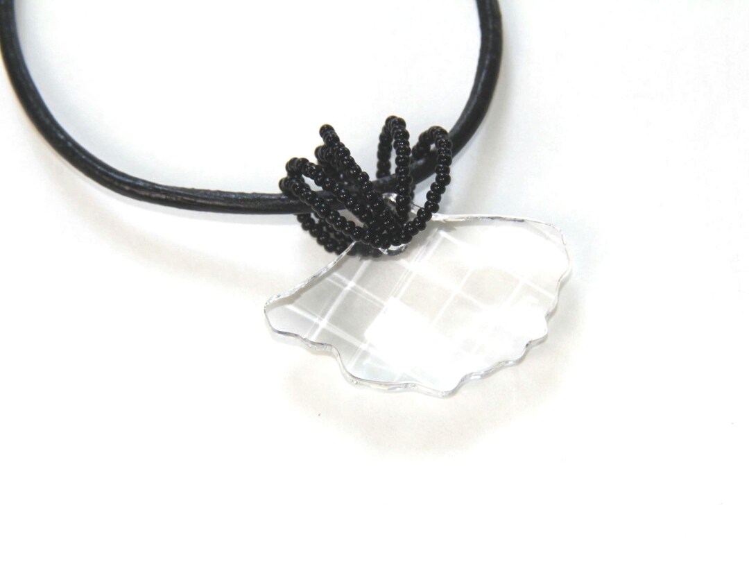 Crystal Ginkgo Leaf Pendant: Black Beaded Bail, Leather Cord. CR1022 - Etsy