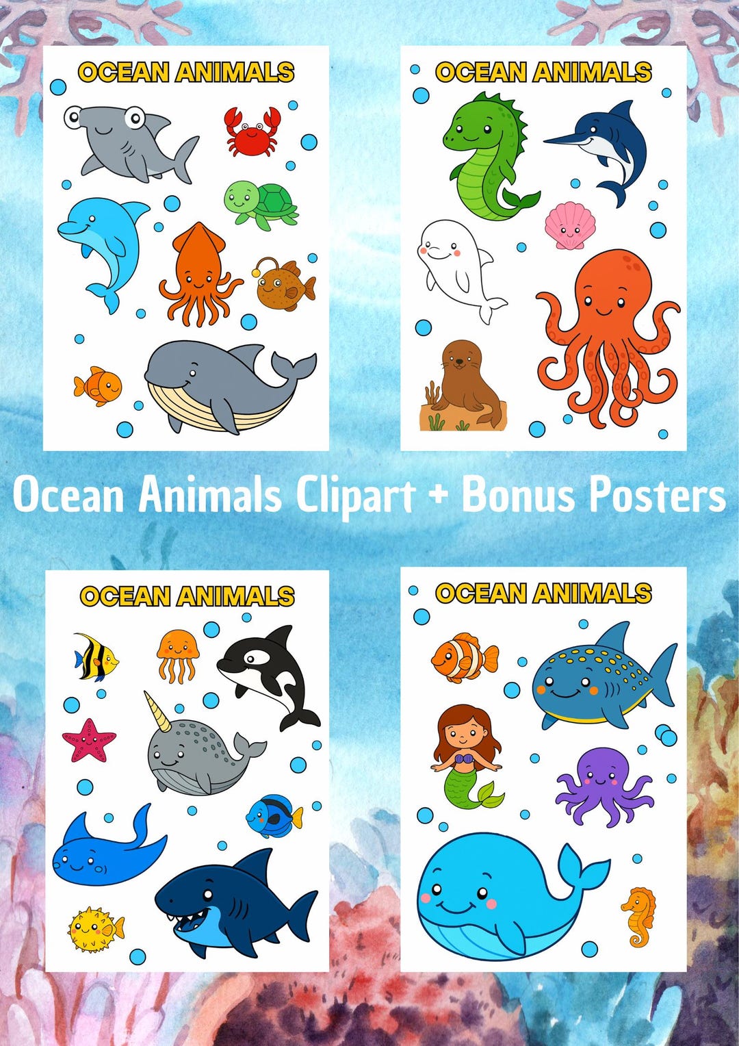 Ocean Animals Clipart Set + Bonus Posters | Printable Sea Creatures ...