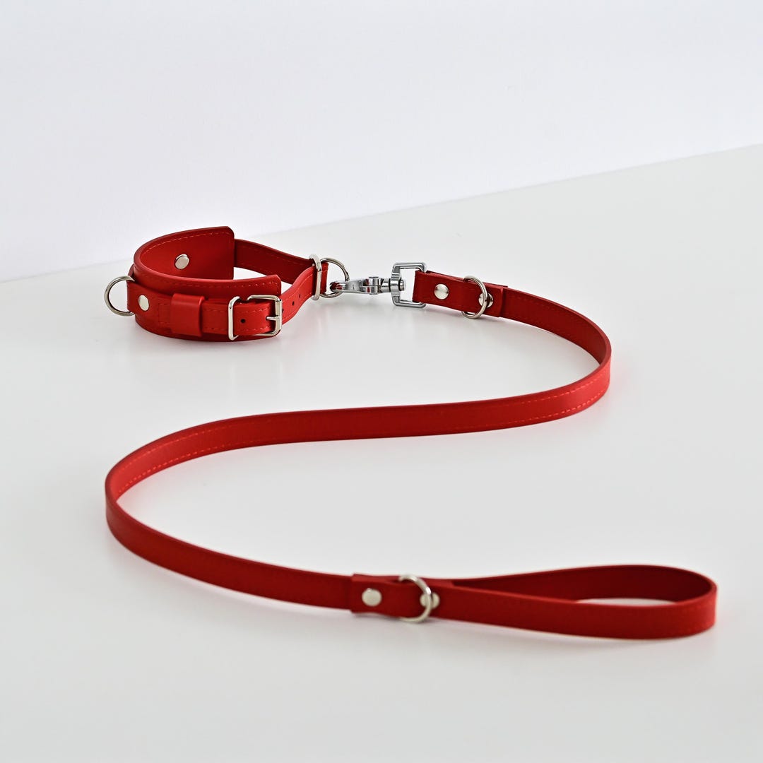 Red Leather Tracking Lead Collar Set, Caution Reactive Dog Gear, Heavy ...