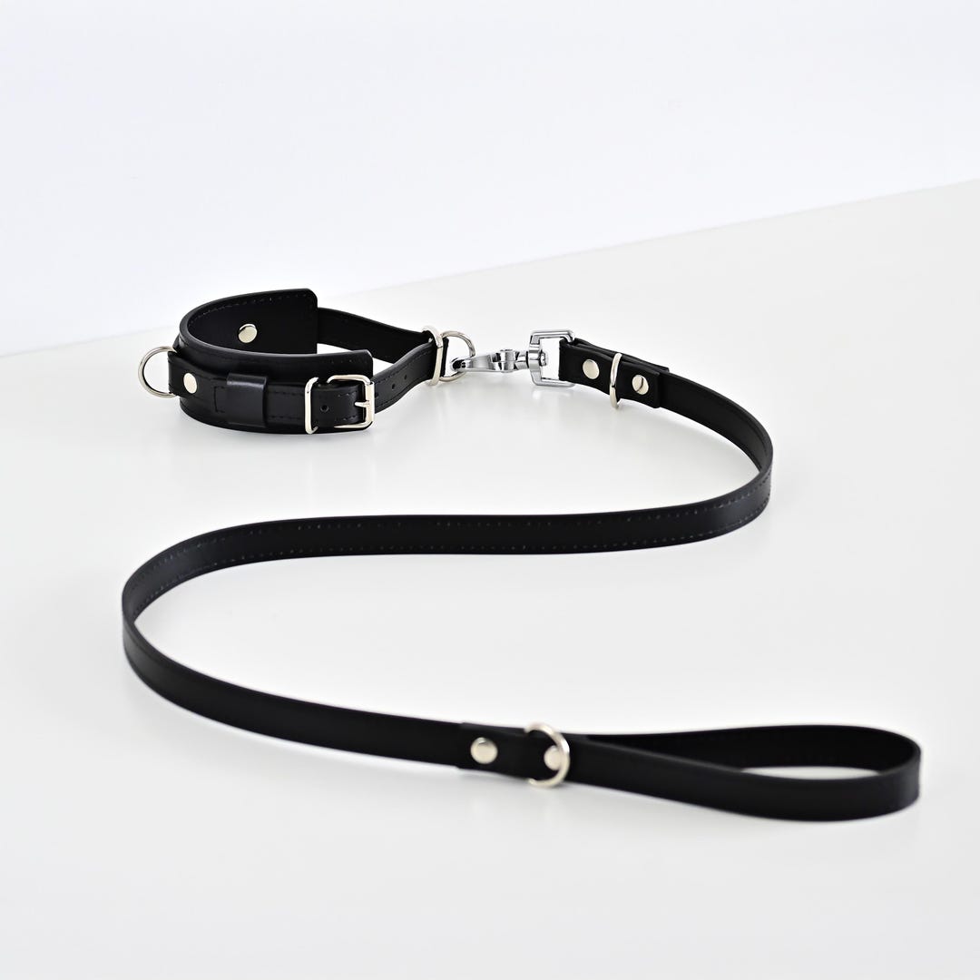 Black Leather Dog Collar Leash Set, Long Tracking Line, Custom Length ...