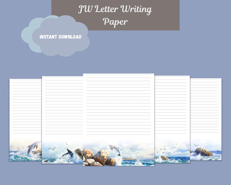 JW Letter Writing Paper – 5 Ocean Wave Designs With Dolphins, Seagulls ...