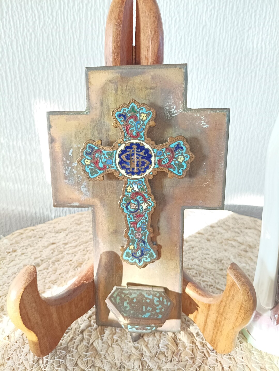 Antique Wall-mounted Catholic Cloisonné Enamel Holy Water Font, IHS ...