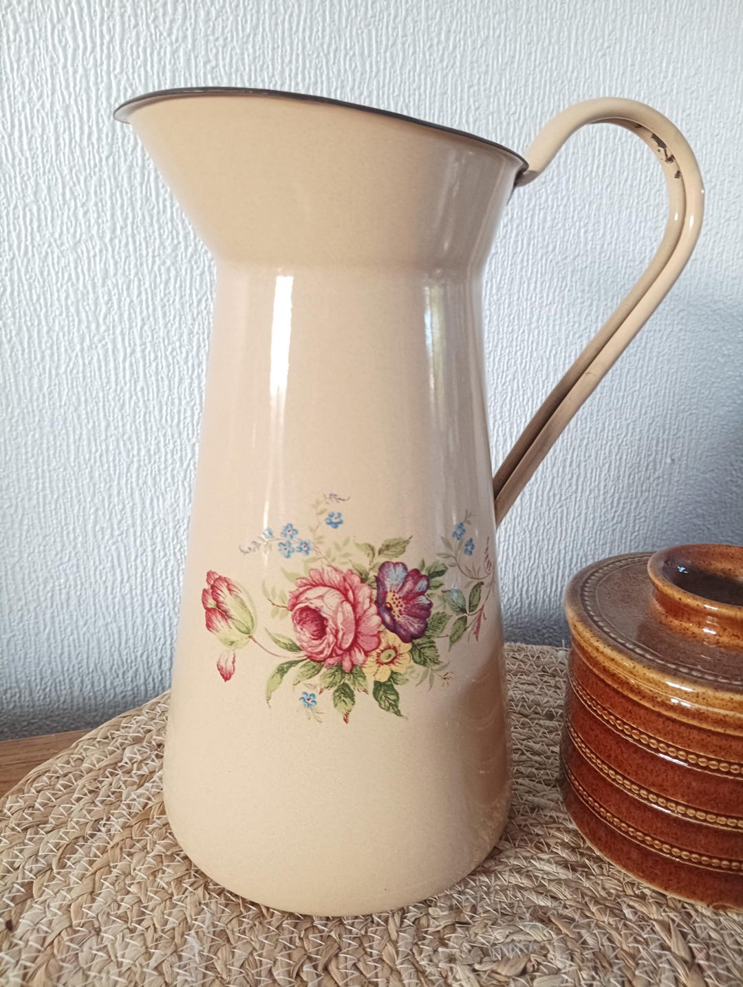 Vintage French Beige Enamel Water Pitcher, Enameled Toilet Jug, Colored ...