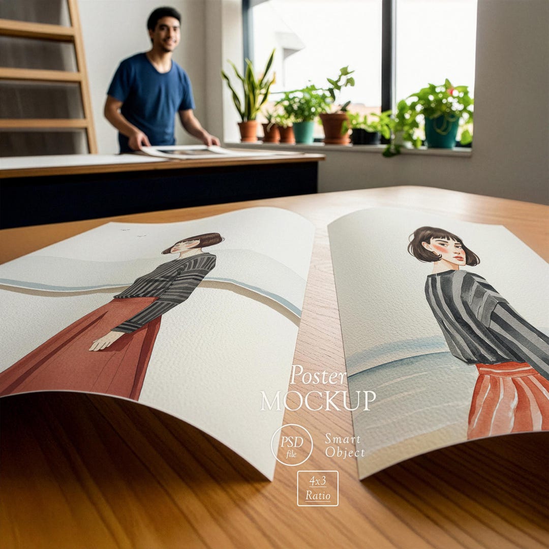 Realistic Two Poster Mockup: 4x3 Ratio Two Posters on Wooden Table in ...