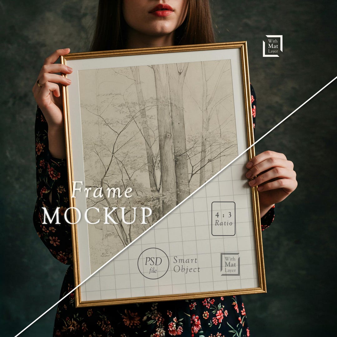 Vintage Gold Frame Mockup: Slim Vertical 4x3 Frame Held by Woman, PSD ...