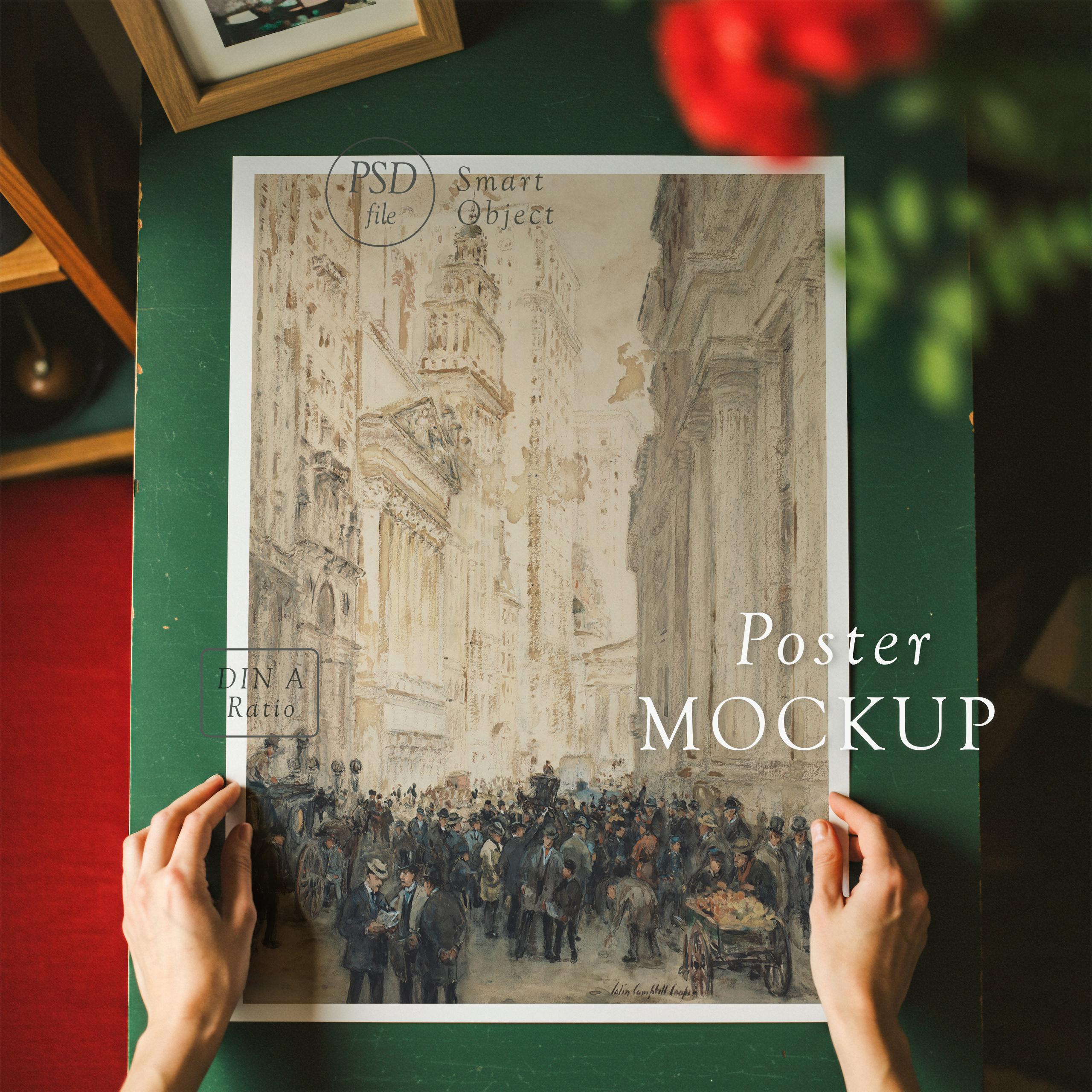 Realistic Poster Mockup on Desk: Top View Scene of a DIN A Vertical ...