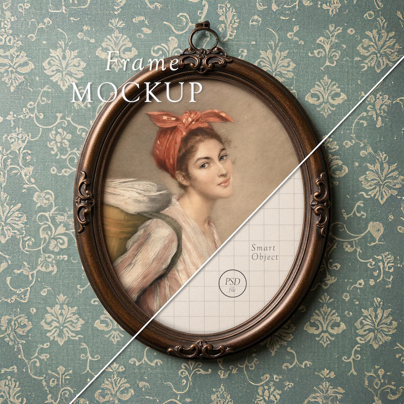 Vintage Oval Wood Frame Mockup: Realistic Artwork Display (PSD Template ...