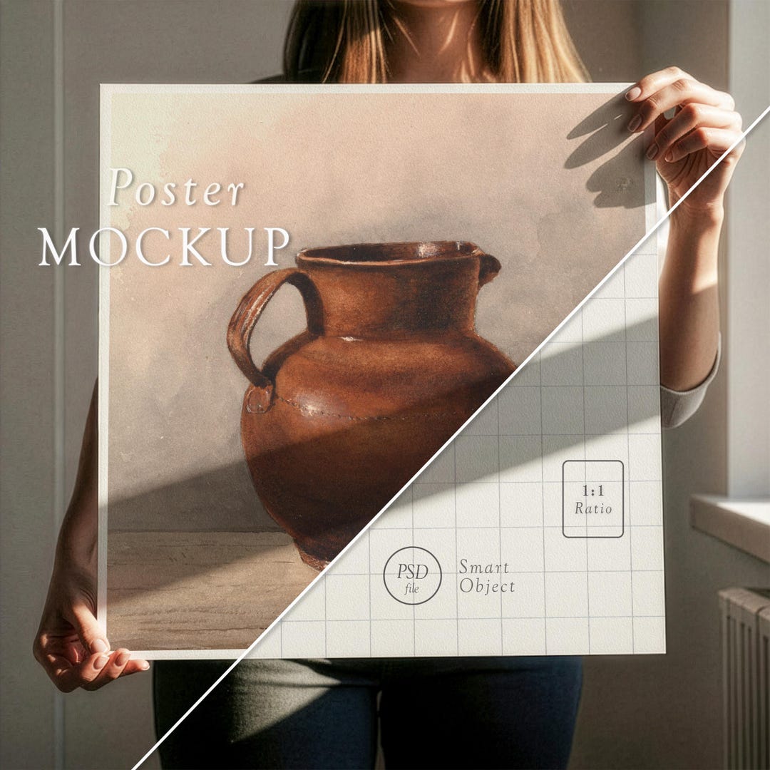 Square Poster Mockup Held by Hands: Realistic 1x1 Paper Scene for ...