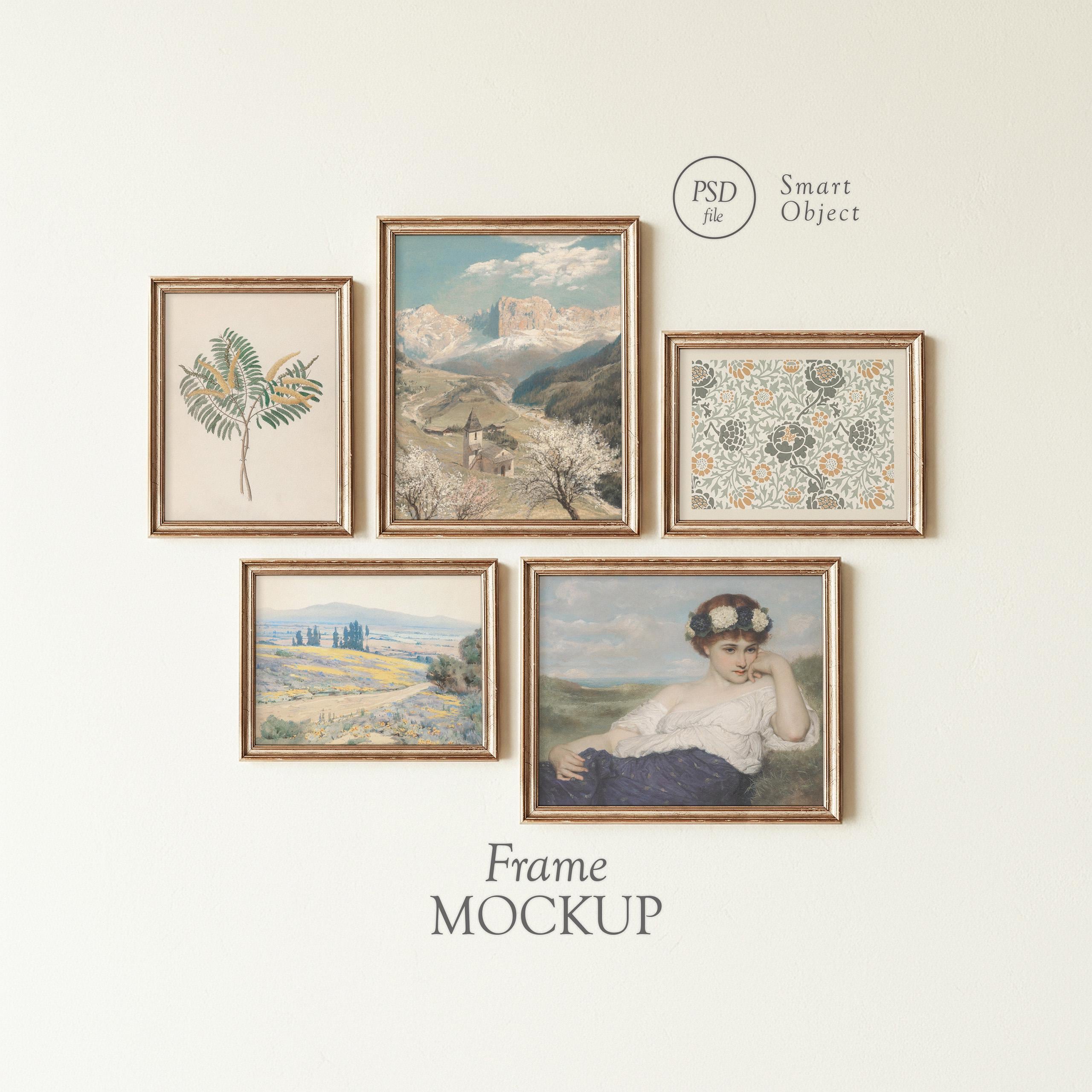 Realistic Gallery Wall Mockup: 5 Frames Gallery Mockup Poster Set ...