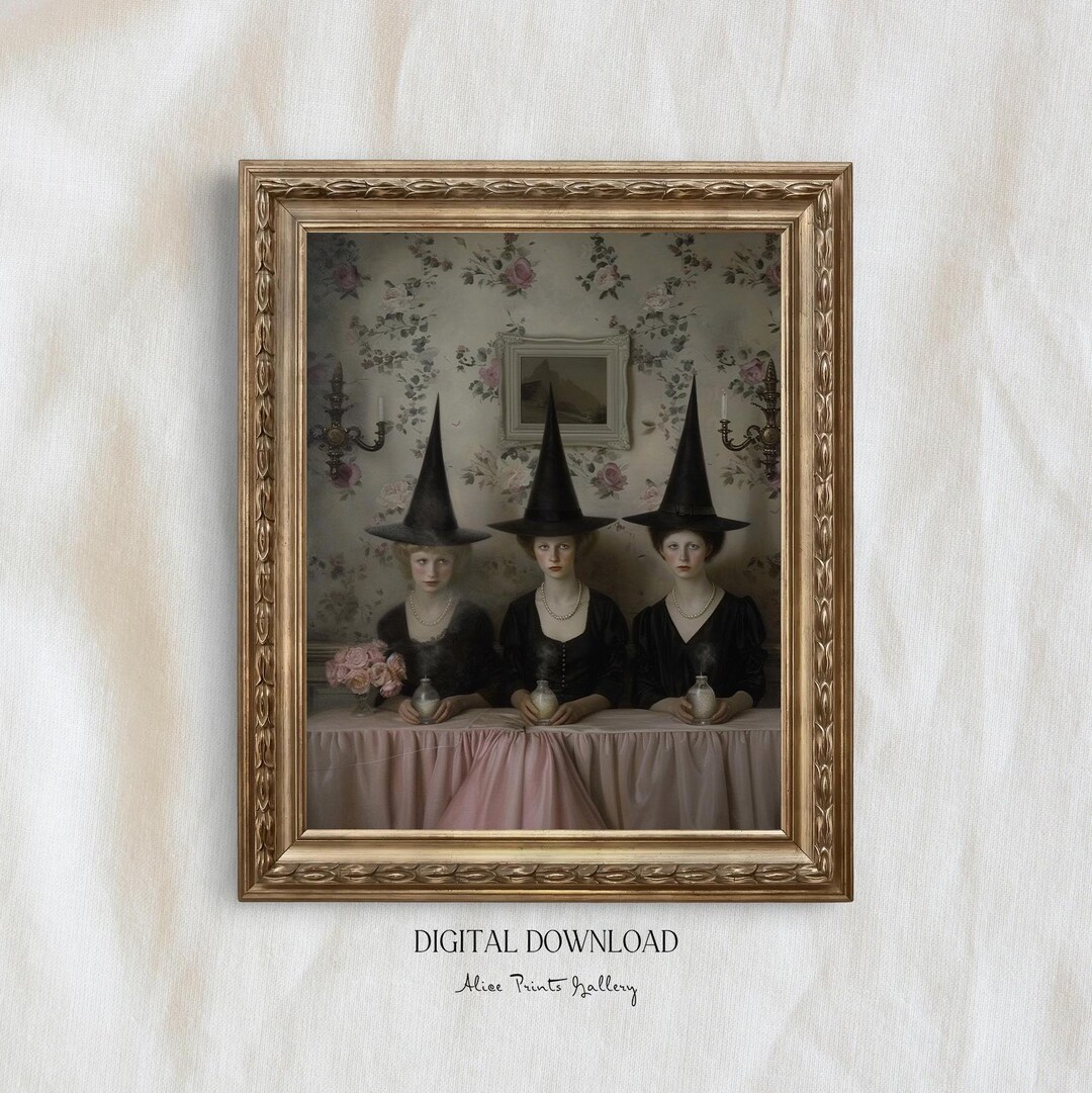 Three Witches Portrait | Pastel Occult Halloween Decor, Charming Gothic ...