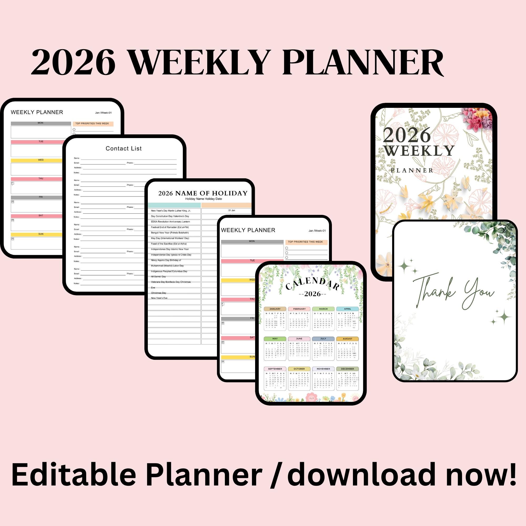 2026 Weekly Planner | Printable Minimalist Organizer | Undated Digital ...