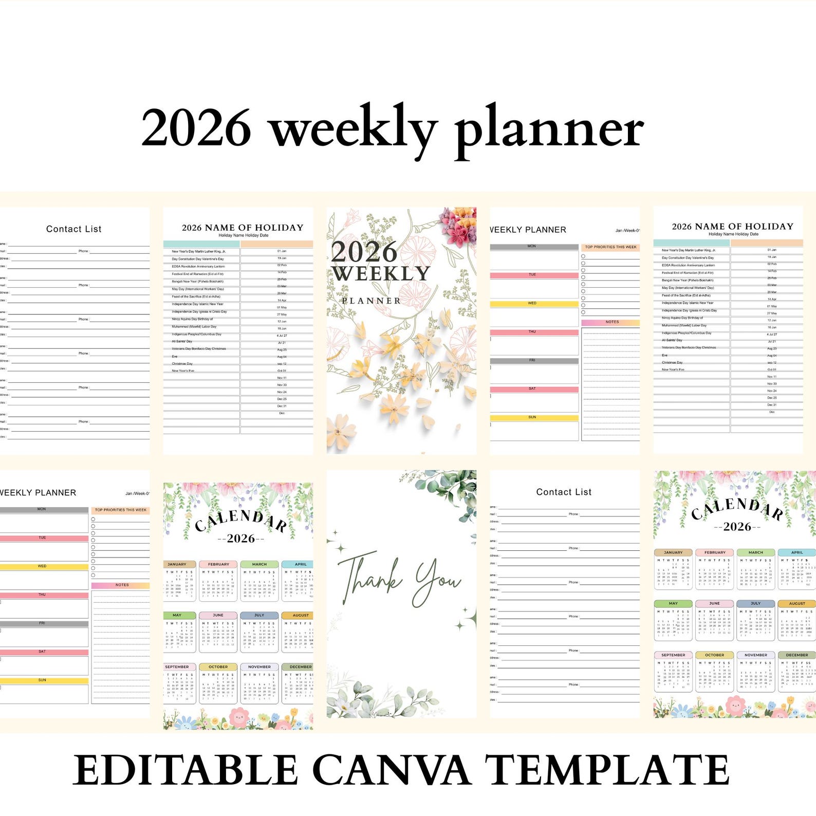2026 Weekly Planner | Printable Minimalist Organizer | Undated Digital ...
