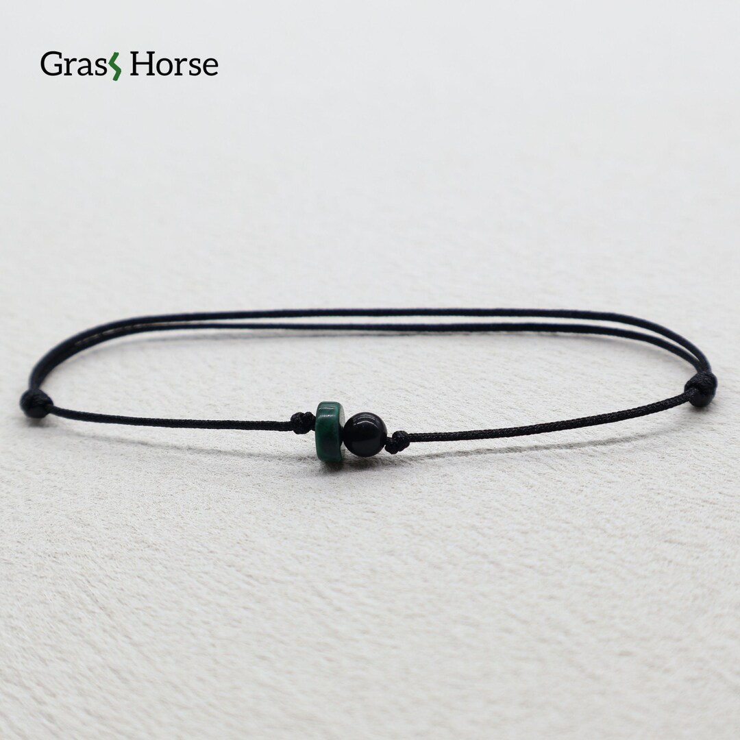 Adjustable Malachite & Black Obsidian Gemstone Bracelet Anklet Woven ...