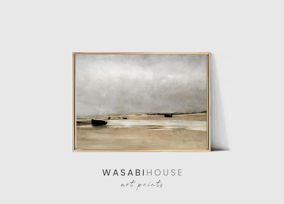 Moody Seascape Coastal Oil Painting, Muted Neutral Ocean Antique Art ...