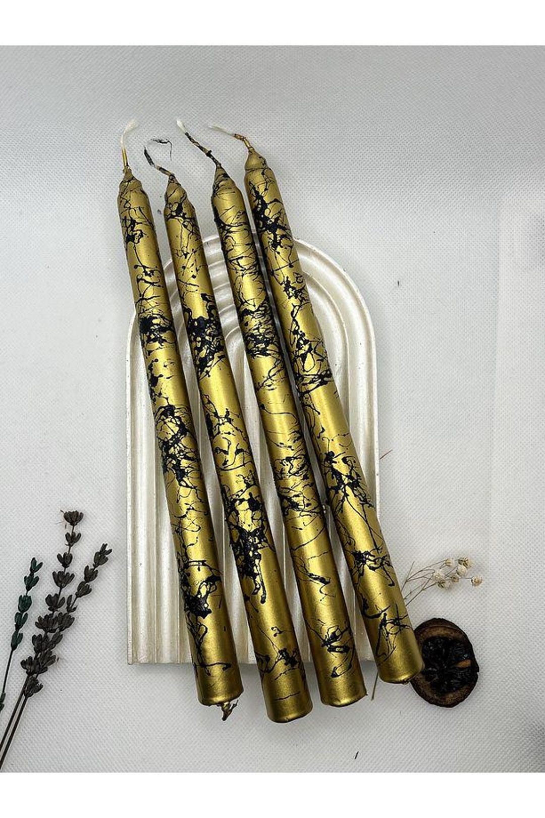 Metallic Gold Taper Candles - Black Marble Vein - Handmade Set of 4 - Etsy